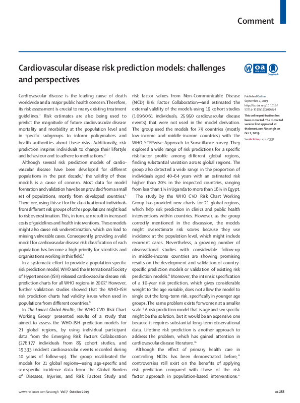 (PDF) Cardiovascular disease risk prediction models: challenges and perspectives