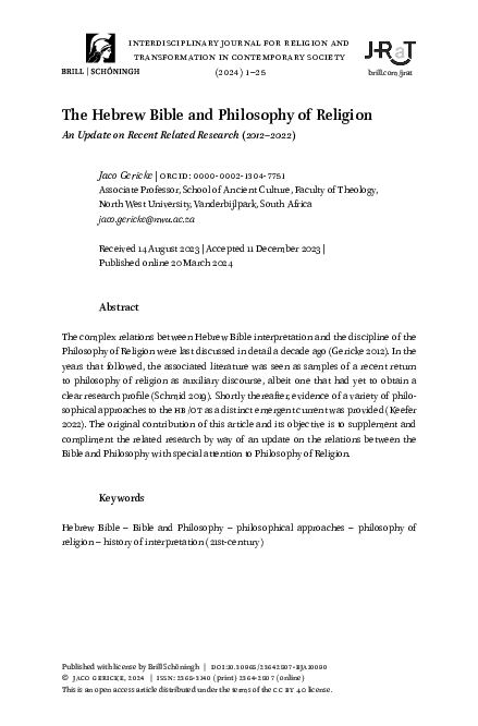 (PDF) The Hebrew Bible and Philosophy of Religion - An updated on ...