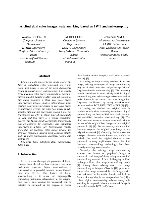 (PDF) A blind dual color images watermarking based on IWT and subsampling