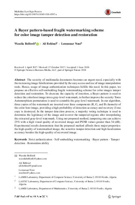 Pdf A Bayer Pattern Based Fragile Watermarking Scheme For Color Image Tamper Detection And