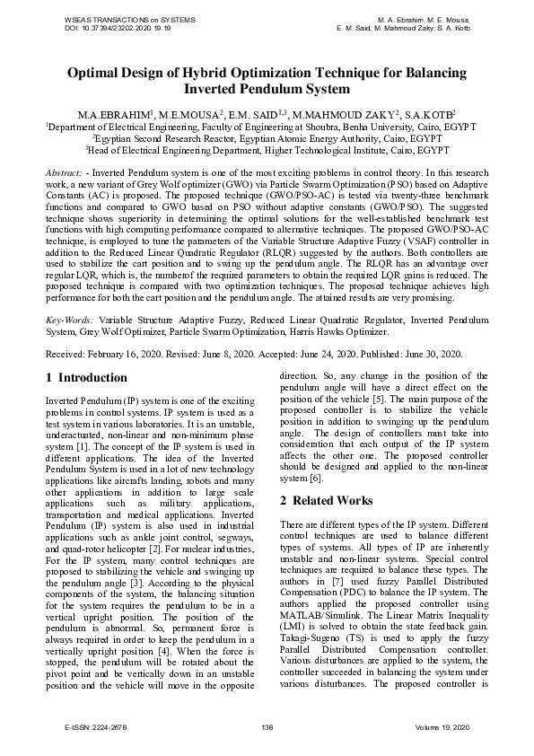 (PDF) Optimal Design of Hybrid Optimization Technique for Balancing Inverted Pendulum System