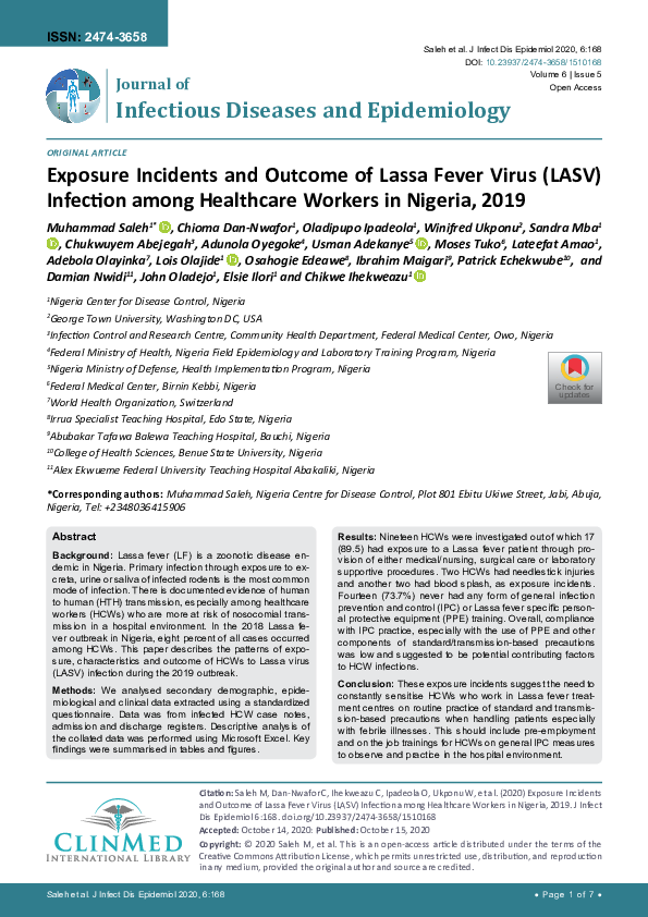 (PDF) Exposure Incidents and Outcome of Lassa Fever Virus (LASV ...