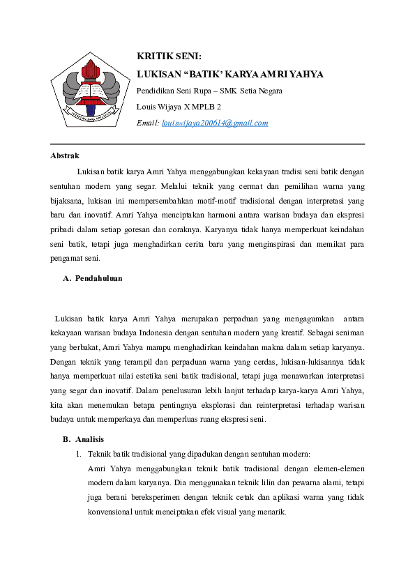 (DOC) KRITIK SENI: LUKISAN "BATIK' KARYA AMRI YAHYA