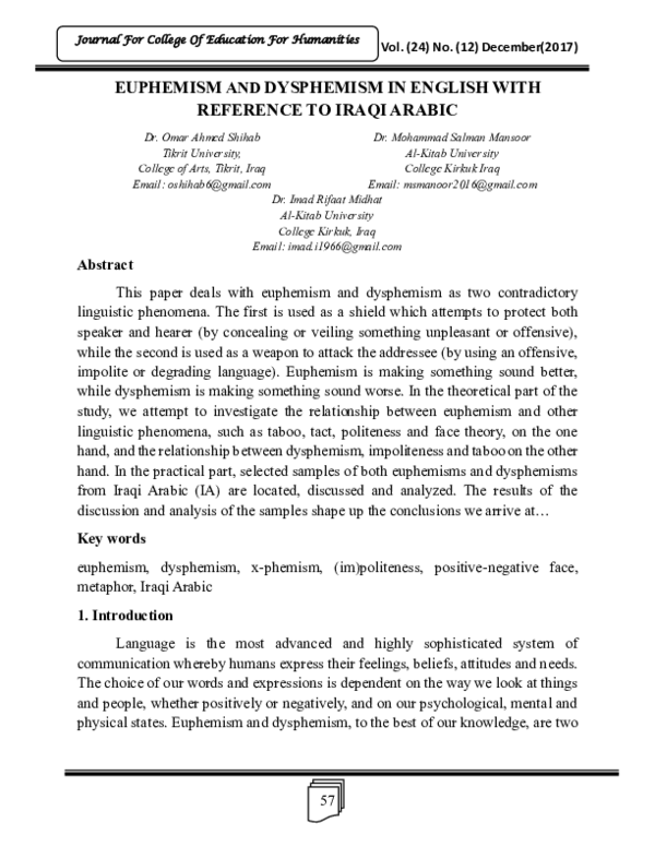 (PDF) EUPHEMISM AND DYSPHEMISM IN ENGLISH WITH REFERENCE TO IRAQI ARABIC