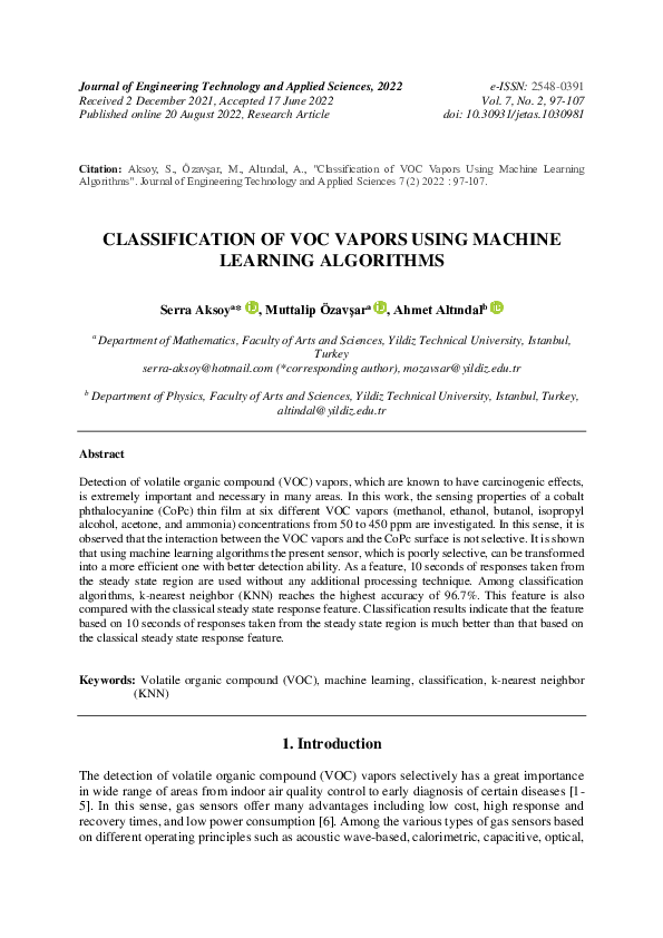 (PDF) Classification of VOC Vapors Using Machine Learning Algorithms