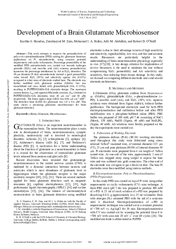 (PDF) Development Of A Brain Glutamate Microbiosensor