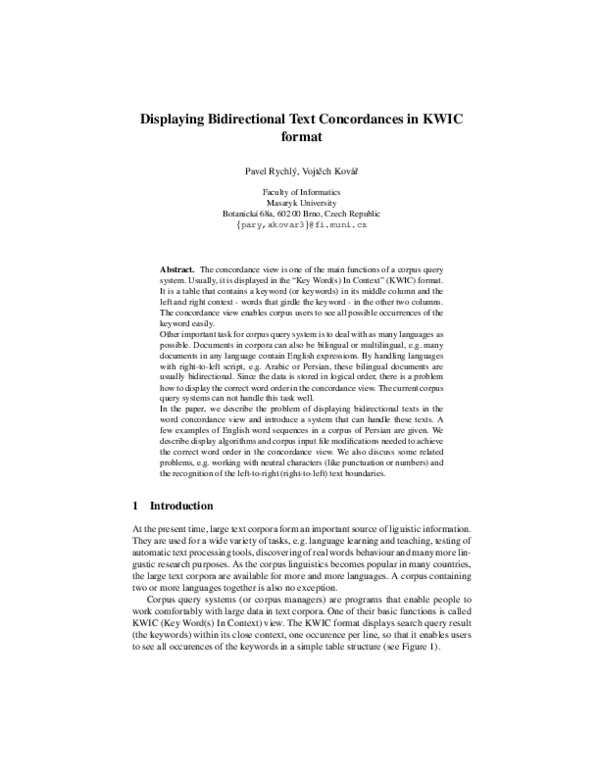 Pdf Displaying Bidirectional Text Concordances In Kwic Format Pavel Rychlý 