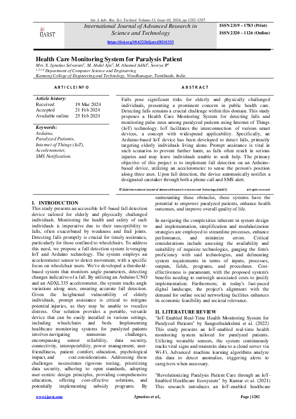 (PDF) Health Care Monitoring System for Paralysis Patient