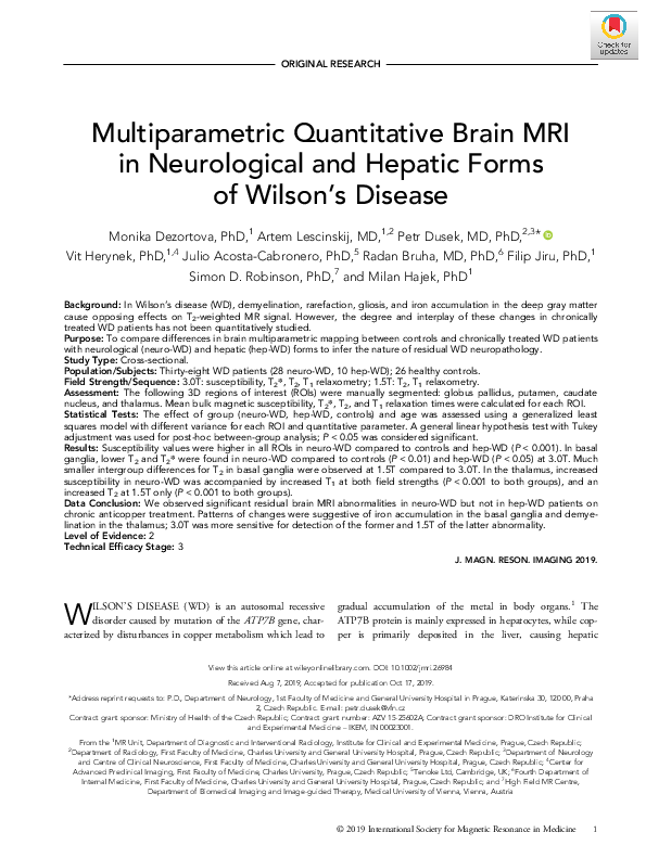 (PDF) Multiparametric Quantitative Brain MRI in Neurological and Hepatic Forms of Wilson's ...