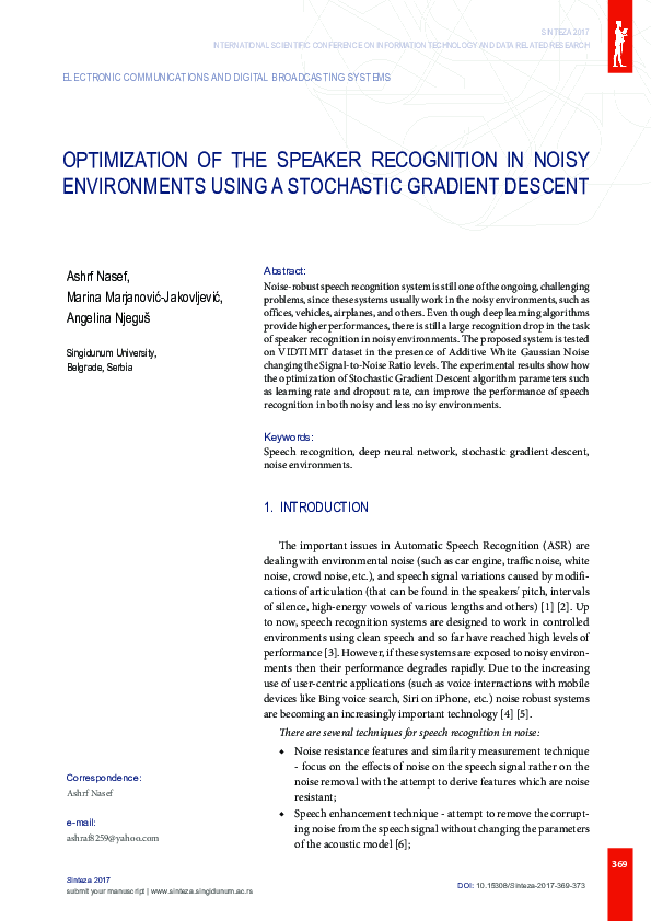 (PDF) Optimization of the Speaker Recognition in Noisy Environments Using a Stochastic Gradient ...
