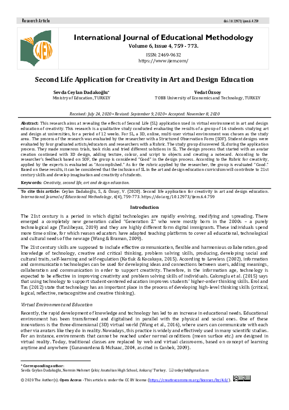 (PDF) Second Life Application for Creativity in Art and Design Education
