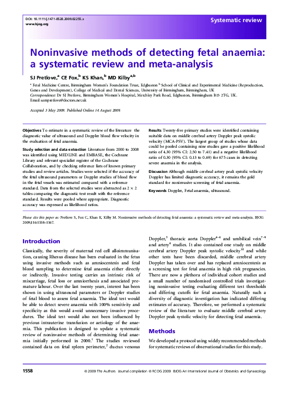 (PDF) Noninvasive methods of detecting fetal anaemia: a systematic review and meta-analysis