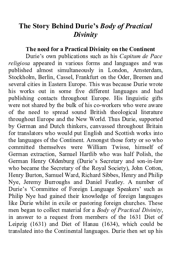 (DOC) The Story Behind Durie's Body of Practical Divinity
