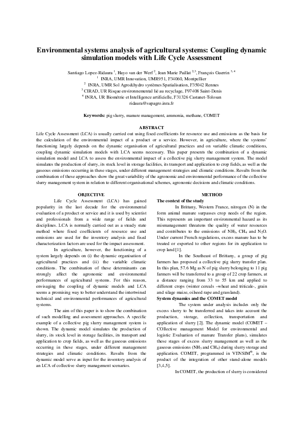 (PDF) Environmental systems analysis of agricultural systems: Coupling ...