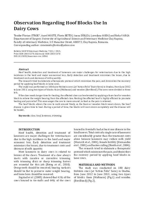 (PDF) Observation Regarding Hoof Blocks Use In Dairy Cows