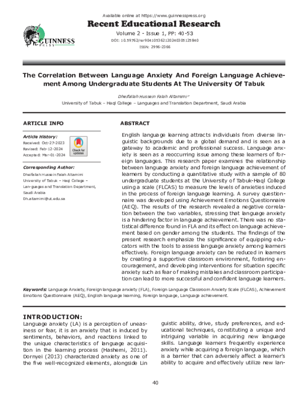 (PDF) The Correlation Between Language Anxiety And Foreign Language Achievement Among ...
