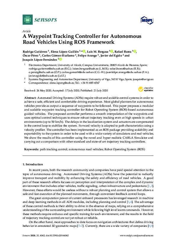 (PDF) A Waypoint Tracking Controller for Autonomous Road Vehicles Using ROS Framework