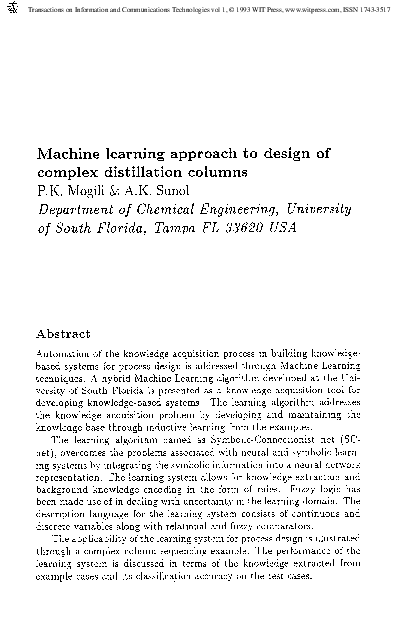 (PDF) Machine Learning Approach To Design OfComplex Distillation Columns