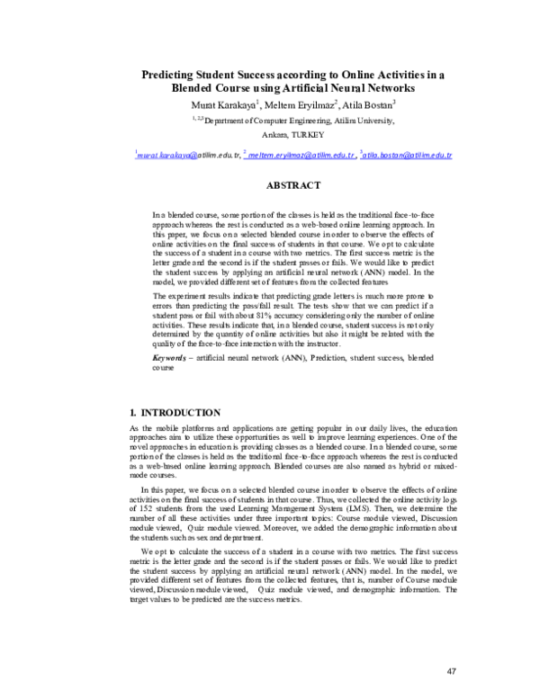 (PDF) Predicting Student Success according to Online Activities in a Blended Course using ...