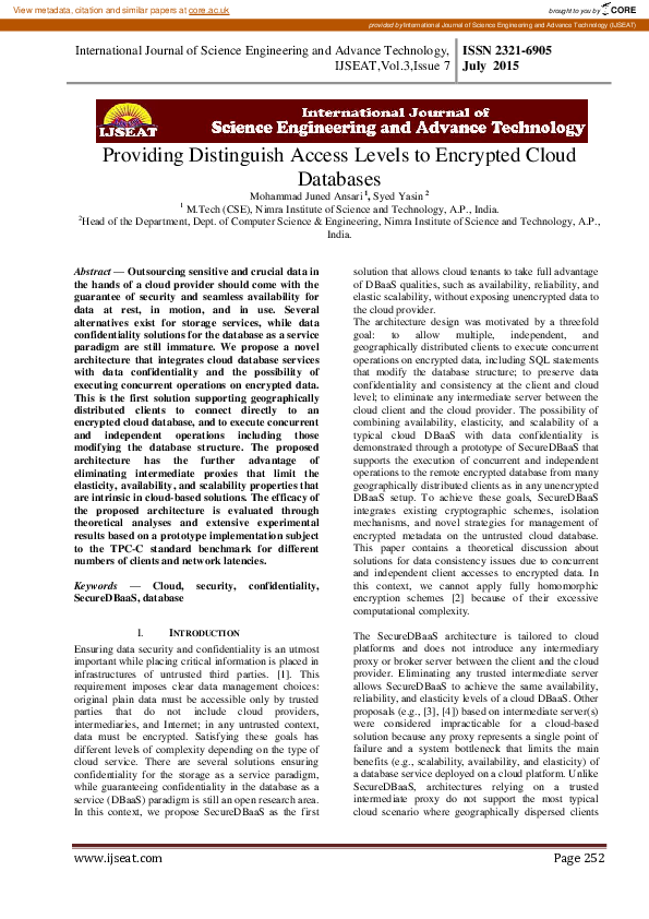 (PDF) Providing Distinguish Access Levels to Encrypted Cloud Databases