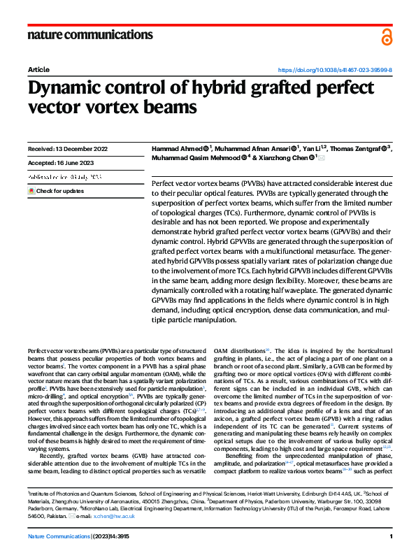 (PDF) Dynamic control of hybrid grafted perfect vector vortex beams | Thomas Zentgraf - Academia.edu