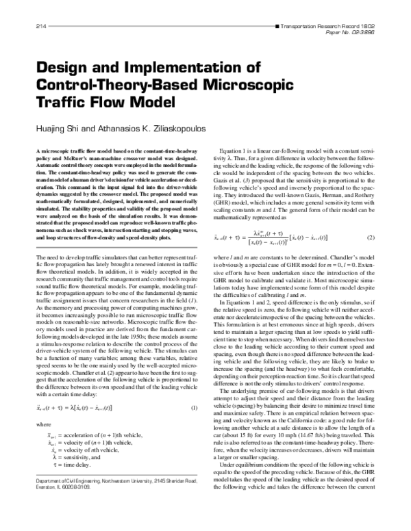 (PDF) Design and Implementation of a Control Theory Based Microscopic Traffic Flow Model