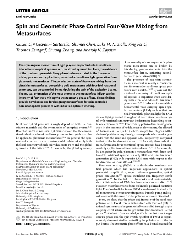 (PDF) Spin and geometric phase control four-wave mixing from ...