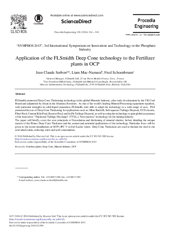 (PDF) Application of the FLSmidth Deep Cone Technology to the ...