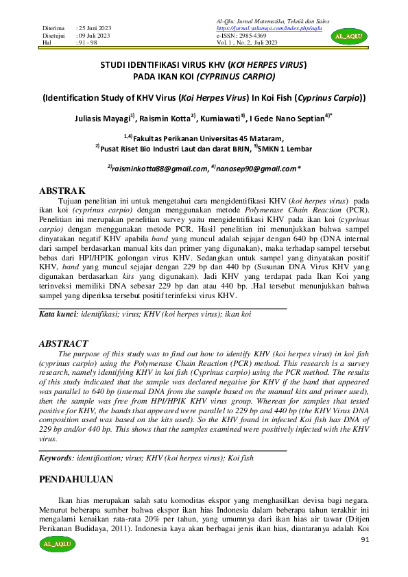(PDF) Studi Identifikasi Virus KHV (Koi Herpes Virus) Pada Ikan Koi (Cyprinus Carpio)