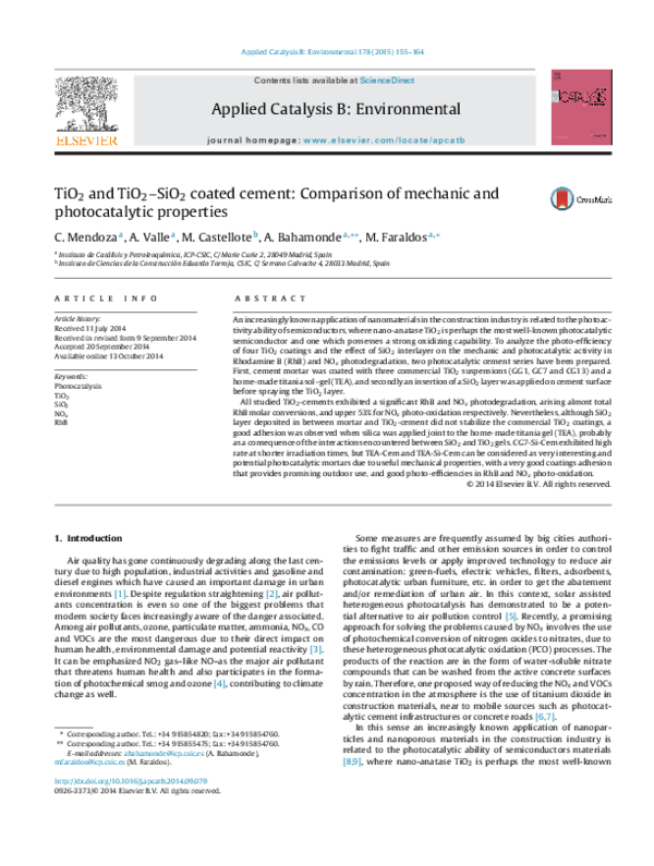 (PDF) TiO2 and TiO2–SiO2 coated cement: Comparison of mechanic and photocatalytic properties