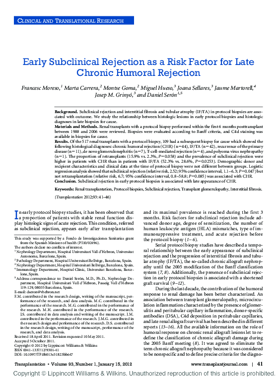 (PDF) Early Subclinical Rejection as a Risk Factor for Late Chronic ...