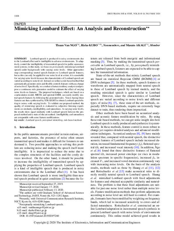 (PDF) Mimicking Lombard Effect: An Analysis and Reconstruction