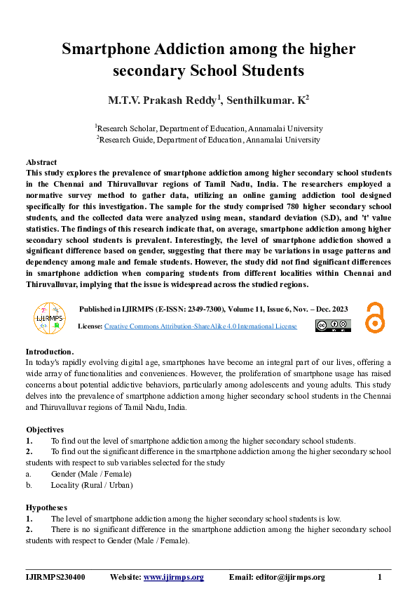 (PDF) Smartphone Addiction among the higher secondary School Students