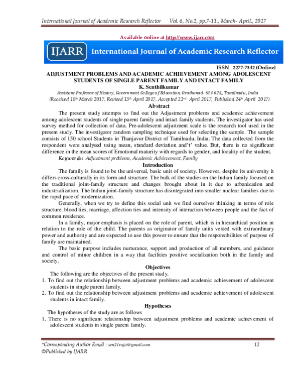 (PDF) ADJUSTMENT PROBLEMS AND ACADEMIC ACHIEVEMENT AMONG ADOLESCENT STUDENTS OF SINGLE PARENT ...
