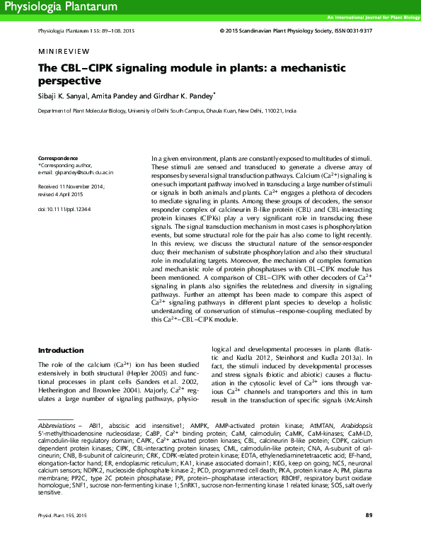 (PDF) The CBL-CIPK signaling module in plants: A mechanistic perspective