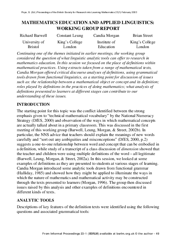 (PDF) Mathematics Education and Applied Linguistics: Working Group Report (PDF) Mathematics Education and Applied Linguistics: Working Group Report