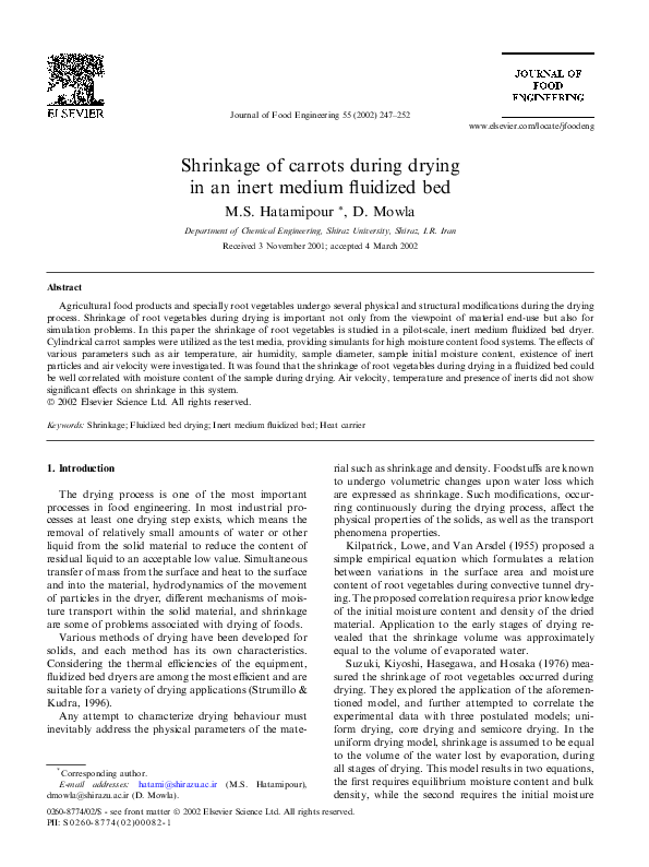 (PDF) Shrinkage of carrots during drying in an inert medium fluidized bed