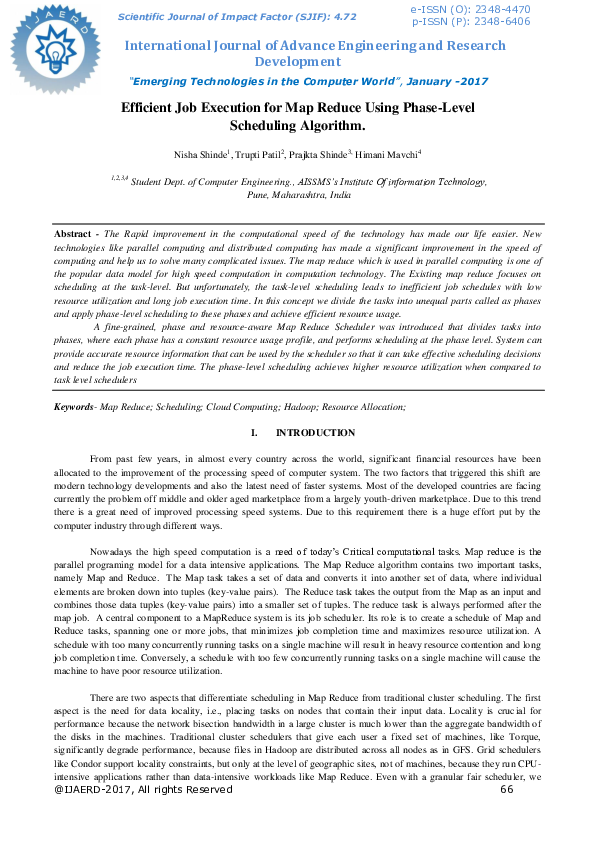 Pdf Efficient Job Execution For Map Reduce Using Phase Level Scheduling Algorithm