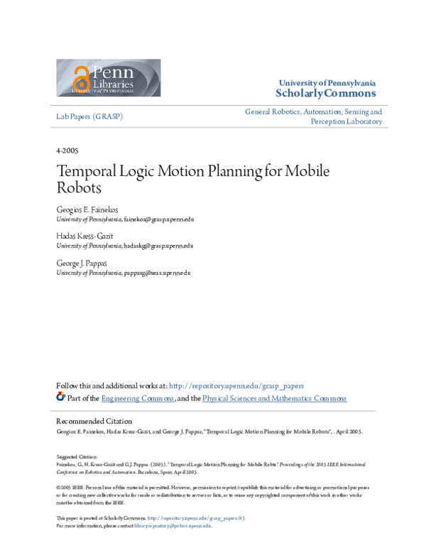(PDF) Temporal Logic Motion Planning for Mobile Robots