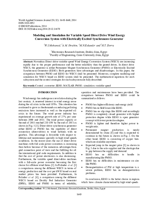 Pdf Modeling And Simulation For Variable Speed Direct Drive Wind
