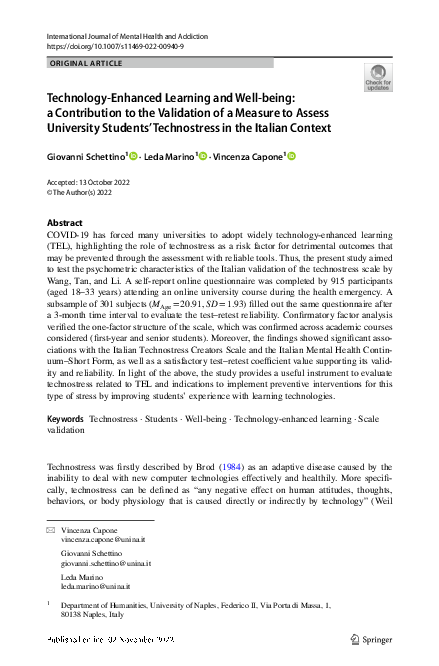 (PDF) Technology-Enhanced Learning and Well-being: a Contribution to the Validation of a Measure ...