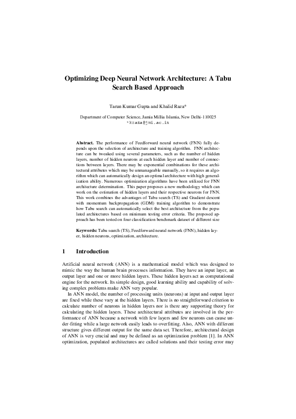 Pdf Optimizing Deep Feedforward Neural Network Architecture A Tabu