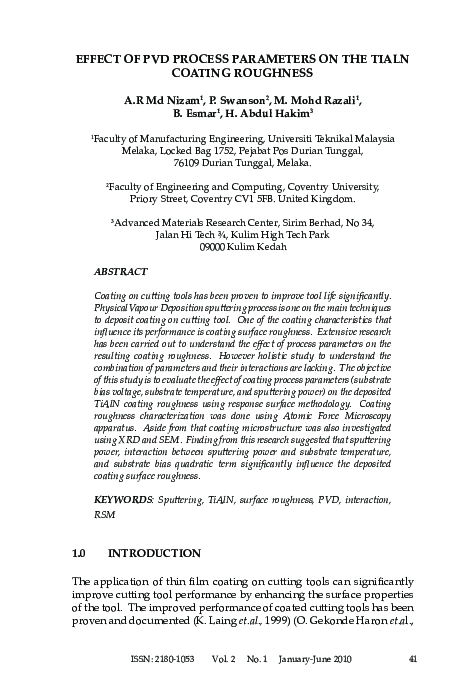 (PDF) Effect of PVD Process Parameters on the TiAlN Coating Roughness ...