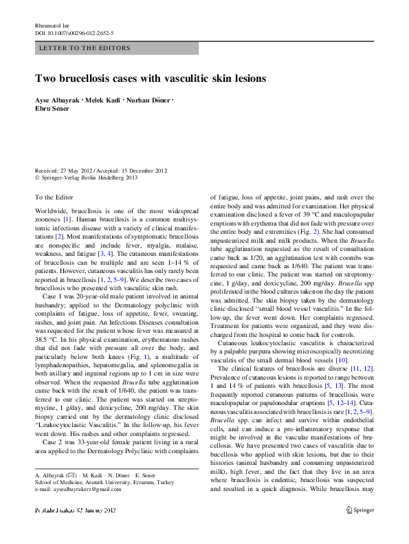 (PDF) Two brucellosis cases with vasculitic skin lesions
