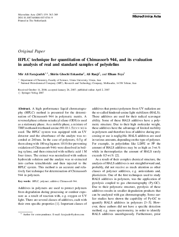 (PDF) HPLC technique for quantitation of Chimassorb 944, and its evaluation in analysis of real ...