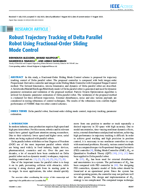 Pdf Robust Trajectory Tracking Of Delta Parallel Robot Using Fractional Order Sliding Mode Control