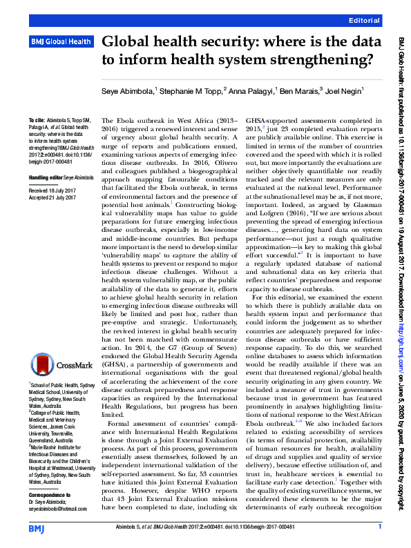 (PDF) Global health security: where is the data to inform health system ...
