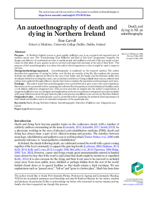 (PDF) An autoethnography of death and dying in Northern Ireland