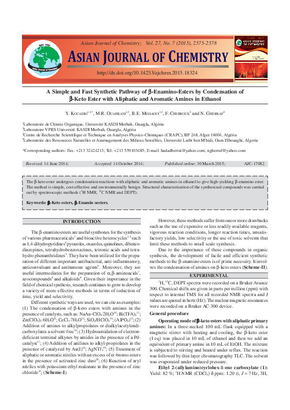 (PDF) A Simple and Fast Synthetic Pathway of b-Enamino-Esters by Condensation of b-Keto Ester ...
