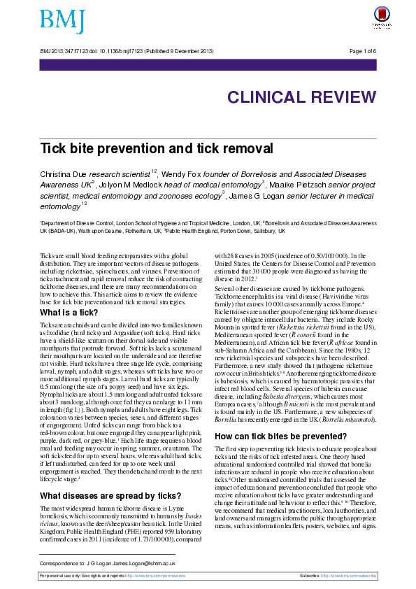(PDF) Tick bite prevention and tick removal